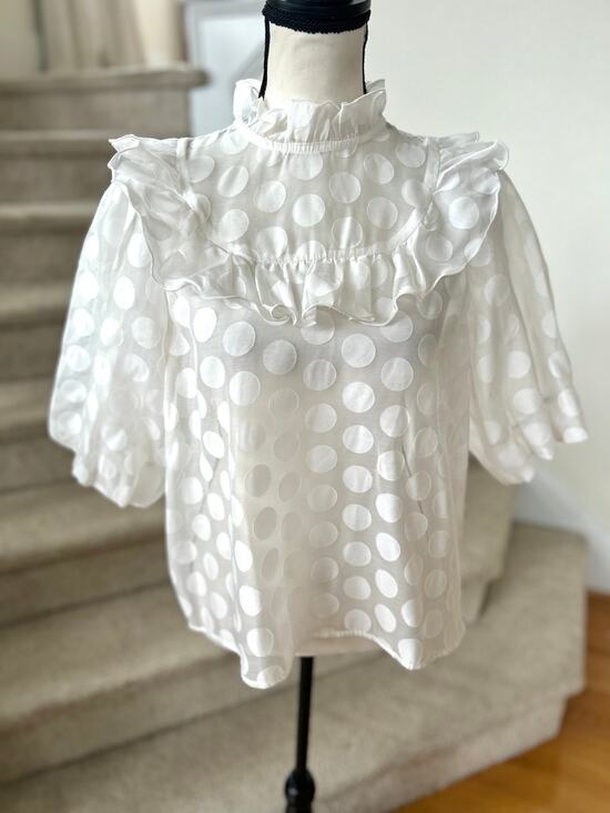 Gracia | Tops | Gracia White Polka Dot Ruffle High Neck Puff Sleeve ...